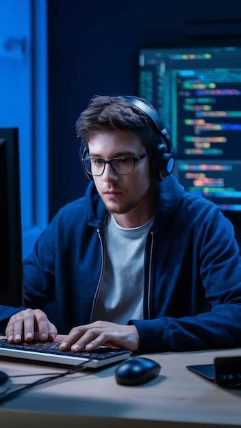 Young Male Hacker In Dark Room Writing Code Or Using Computer Virus Program For Cyber Attack