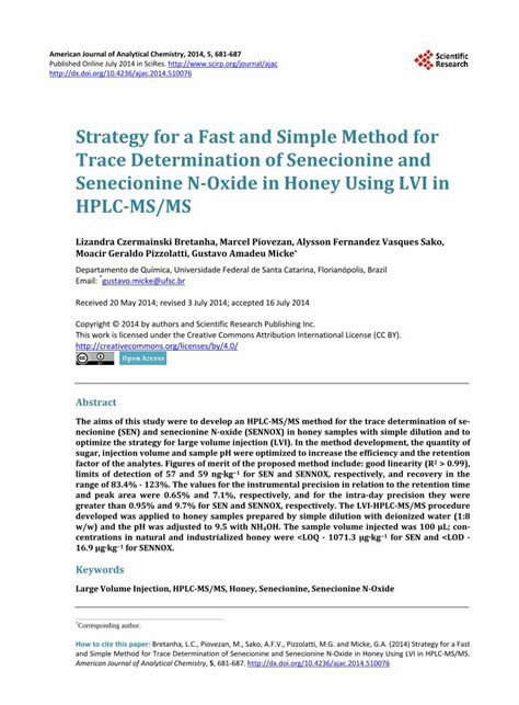 Pdf Strategy For A Fast And Simple Method For Trace Determination Of · Lvi Hplc Msms With