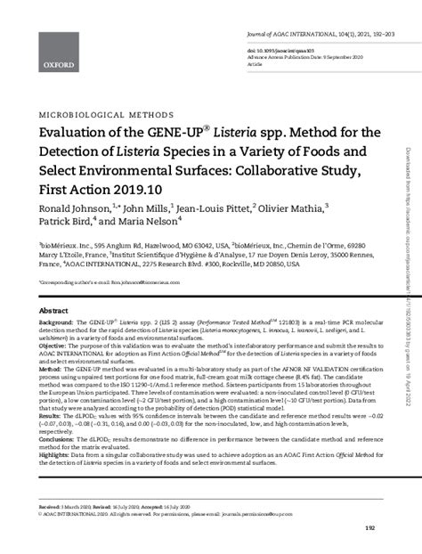 Pdf Evaluation Of The Gene Up® Listeria Spp Method For The Detection