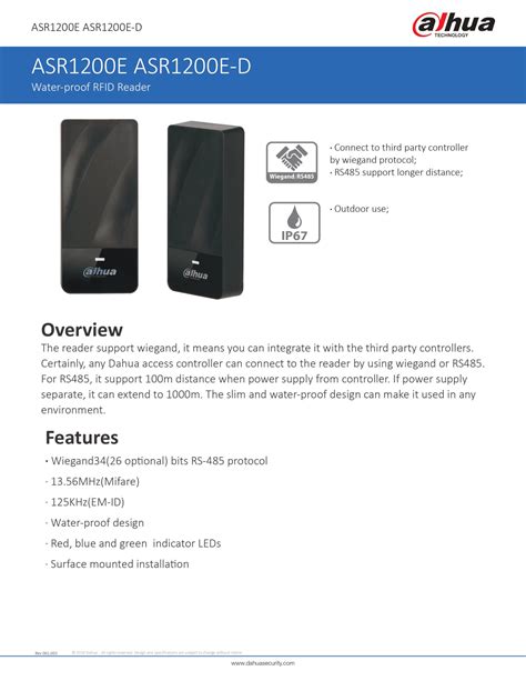 Dahua Asr1200e Slim Waterproof Mifare Card Reader Security System Asia