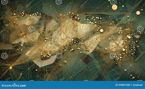 Abstract Interconnected Lines And Shapes In Gold And Green Tones Stock Illustration