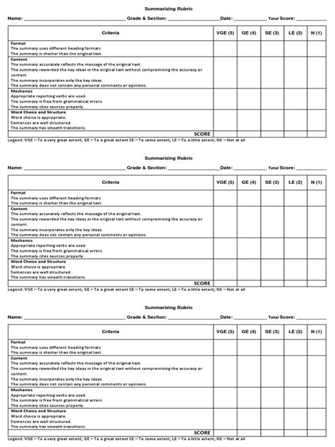 Summarizing Rubric Pdf Rubric Academic Word
