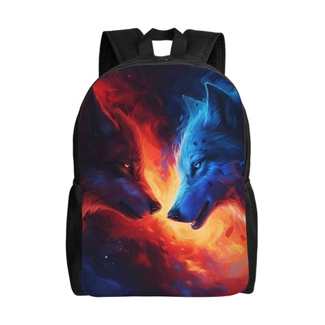 Haiem Red And Blue Fire Wolf Backpack Stylish And Durable 15 Inch