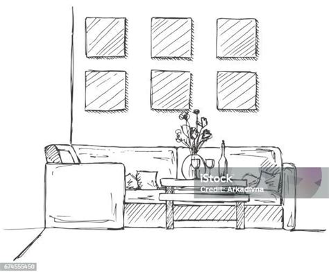 인테리어의 선형 밑그림입니다 룸 계획입니다 손으로 그린 스케치 스타일의 벡터 일러스트 레이 션 3차원 형태에 대한 스톡 벡터 아트 및 기타 이미지 Istock