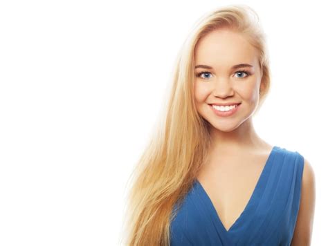 Premium Photo Sexy Blond Lady In Blue Dress Studio Shot