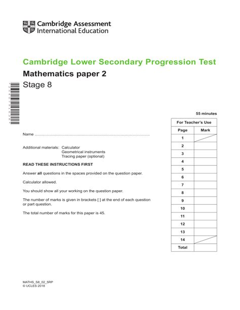 Mathematics Test Paper Stage 8