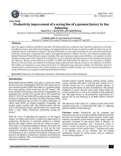 Pdf Productivity Improvement Of A Sewing Line Of A Garment Factory By Line Balancing