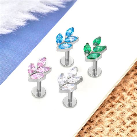 Forward Helix Stud 16g Titanium Leaf With Cz Stones Cute White Pink Gr