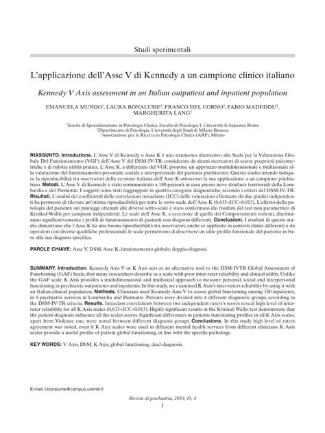 Pdf Lapplicazione Dellasse V Di Kennedy A Un Campione Clinico