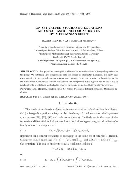 Pdf On Set Valued Stochastic Equations And Stochastic Inclusions Driven By A Brownian Sheet