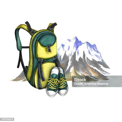 눈 덮인 산을 배경으로 한 배낭과 운동화 관광 및 여행 수채화 손으로 그린 그림입니다 전단지 배너 및 엽서용으로 설계되었습니다 초대장 포스터 및 라벨용 산에 대한 스톡 벡터