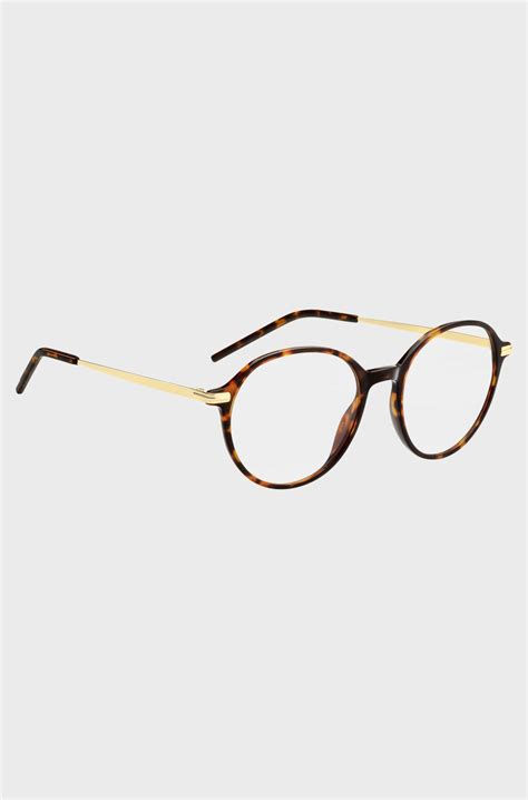 Boss Round Havana Acetate Optical Frames With Gold Tone Temples