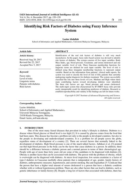 Pdf Identifying Risk Factors Of Diabetes Using Fuzzy Inference System