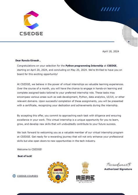 Delighted To Share That I Have Secured An Internship At Csedge In