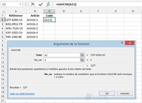 fonction excel gauche