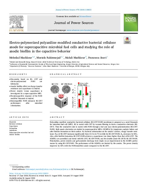 Pdf Electro Polymerized Polyaniline Modified Conductive Bacterial Cellulose Anode For