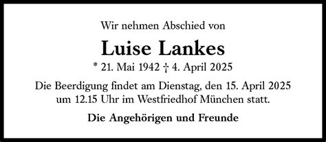 Traueranzeigen Von Luise Lankes Sz Gedenken De