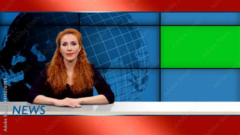 Attractive Redhead News Presenter In Broadcasting Studio With Green