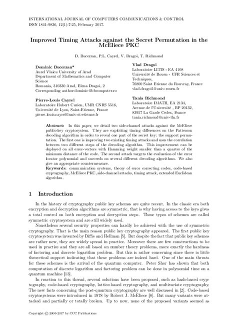 Pdf Improved Timing Attacks Against The Secret Permutation In The Mceliece Pkc Tania