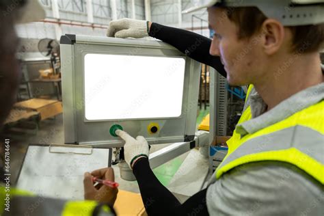 Man Engineer Using Computer Blank White Screen Controlling Machine At Workshop Male Control