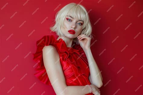 Premium Photo A Woman With Blonde Hair And Red Lipstick Is Posing In
