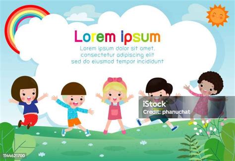 행복 한 아이 점프와 함께 춤을 여름 배경에서 노는 아이 들 광고 브로셔 텍스트 아이와 프레임 어린이와 프레임 벡터 일러스트 레이 션 공부에 대한 스톡 벡터 아트 및 기타