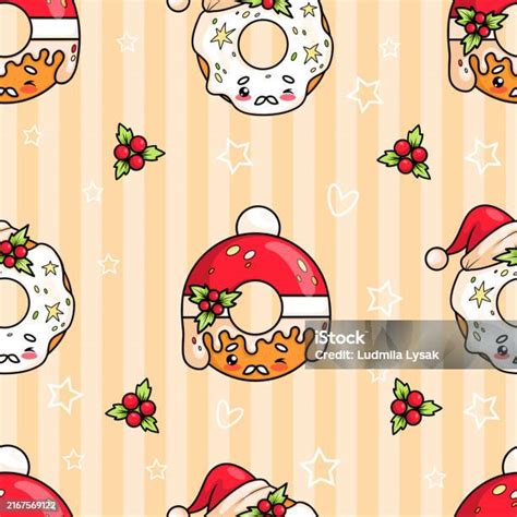 크리스마스 도넛 산타와 완벽 한 패턴 바탕 화면 벽두마차 와 호랑가시나무 재미 있는 휴일 만화 Kawaii 캐릭터 음식 벡터 일러스트 레이 션 12월에 대한 스톡 벡터 아트