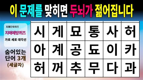 이 문제를 맞히면 두뇌가 젊어집니다 숨은단어찾기치매예방치매테스트치매예방퀴즈단어퀴즈치매예방활동낱말퀴즈 Youtube