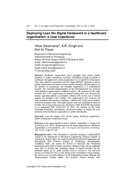 Pdf Deploying Lean Six Sigma Framework In A Healthcare Organisation A Case Experience