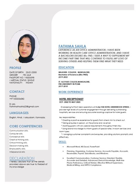 Fathima Sahla Receptionist Pdf