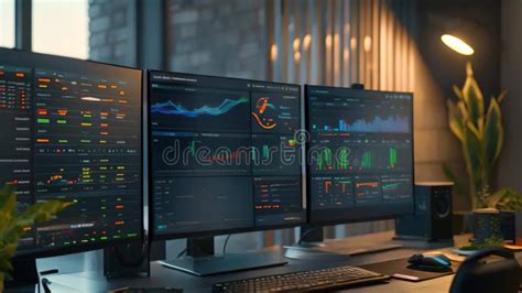 two computer monitors displaying graphs on a desk in a digital