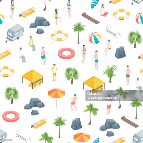 해변 나머지 개념 원활한 패턴 배경 3d 등각 투영보기 벡터 등측투영법에 대한 스톡 벡터 아트 및 기타 이미지 등측투영법