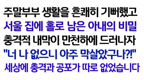 실화사연 주말부부 생활을 흔쾌히 기뻐했고 서울 집에 홀로 남은 안내의 비밀 충격적 내막이 만천하에 드러나자 세상에 충격과 공포가 따로 없었습니다 ㅣ라디오드라마ㅣ사이다사연
