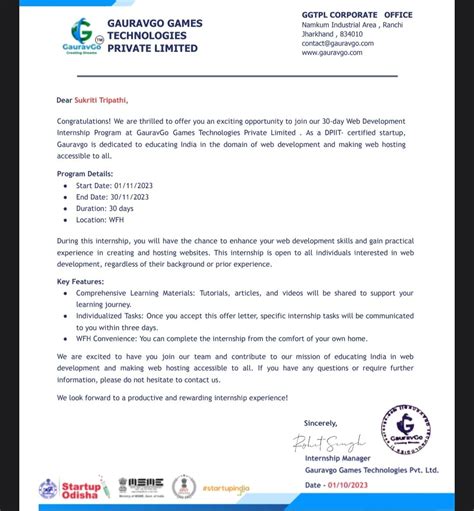 Webdevelopment Internshipjourney Excited Gauravgotechnologies Offerletter Sukriti Tripathi
