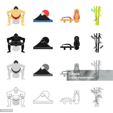 스모 선수 후지산 대나무 일본 신발 게 타 일본 만화 블랙 단색 개요 스타일 벡터 기호 재고 일러스트 웹에서 컬렉션 아이콘을 설정합니다 게타 샌들에 대한 스톡 벡터 아트 및