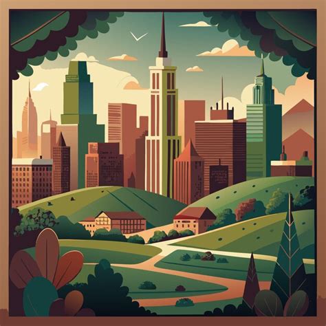 A Stylized Cityscape With Hills And Buildings In A Serene Setting Premium Ai Generated Vector