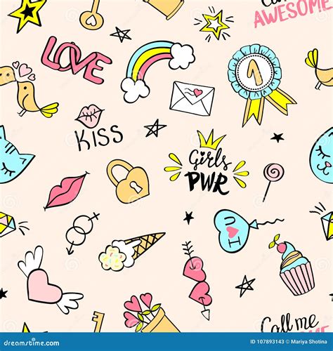 Seamless Pattern With Hand Drawn Girly Doodles Repeating Background