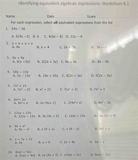 Solved Identifying Equivalent Algebraic Expressions Worksheet 8 1 Name Date Score For