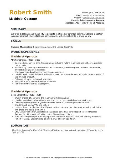 Machinist Operator Resume Samples Qwikresume