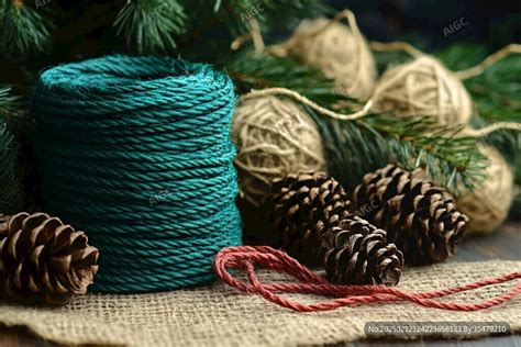 Ai创作图针织杉 松针装饰 麻绳绑树 树上麻绳 高清毛线 线绳 绳穗 圣诞头绳 环保绳 松针球 绕线 圣诞树彩带 编织铃铛 束口绳 松结 昵图网
