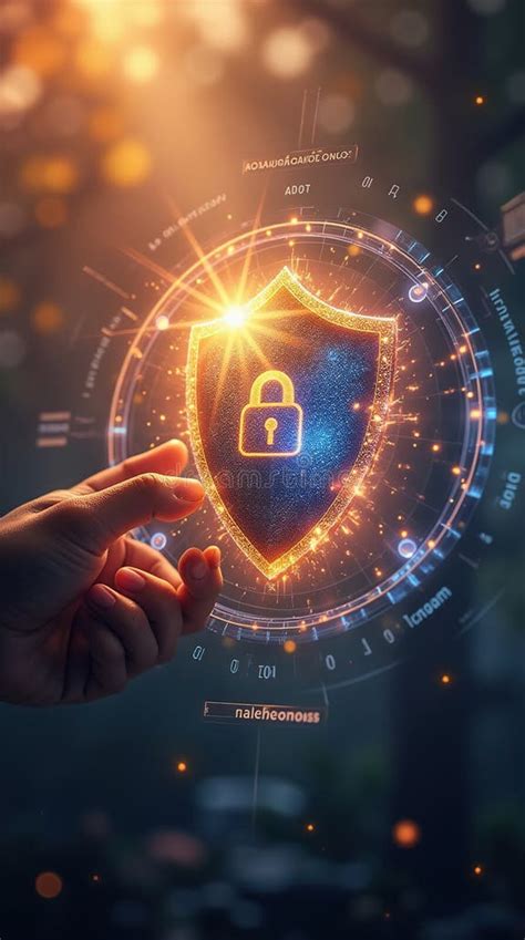Digital Hand Interacting With Secure Lock On Futuristic Shield
