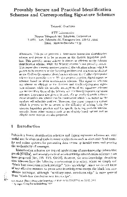 Pdf Provably Secure And Practical Identification Schemes And Corresponding Signature Schemes
