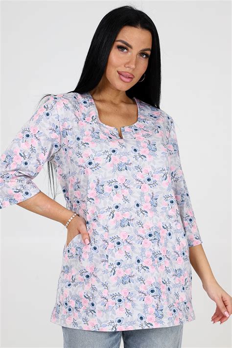 Туника-кофта женская ТК-2035 кулирка (р-ры: 48-62) мелкие розочки ...