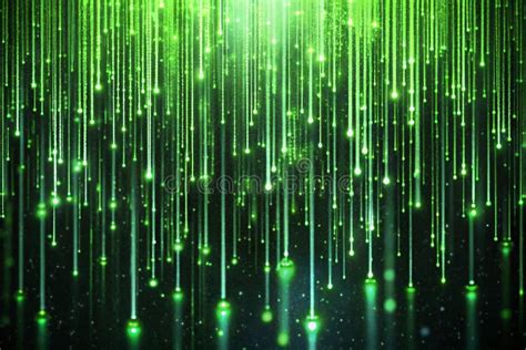 Green Light Streaks Falling Digital Backdrop Glowing Particles Stock