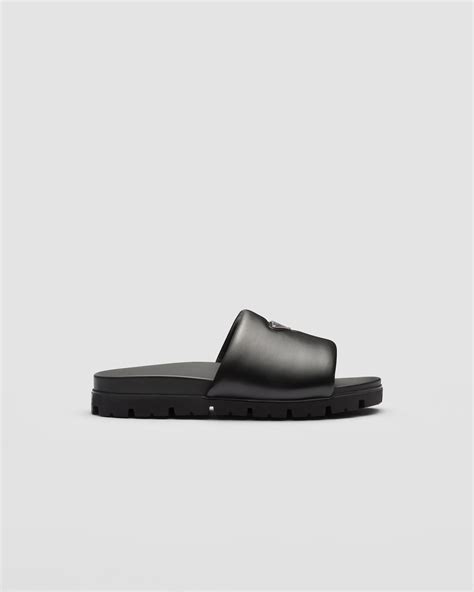 Black Padded Nappa Leather Slides Prada