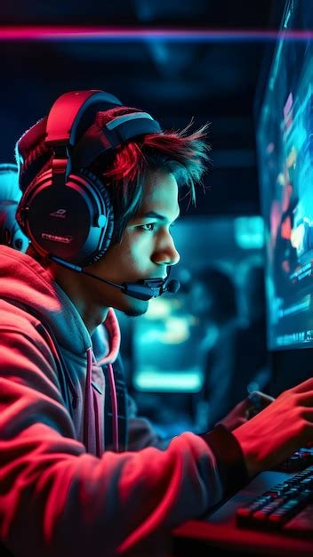 Premium Ai Image Young Male Gamer With Headset Playing Video Games