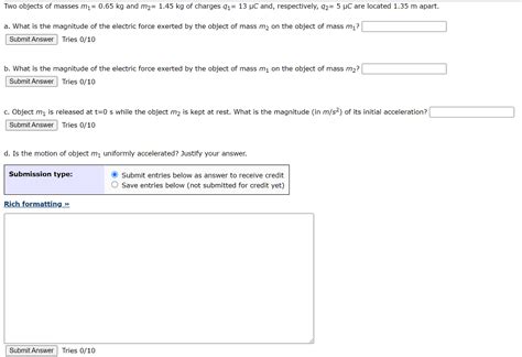 Solved Two Objects Of Masses M1 0 65 Kg And M2 1 45 Kg Of