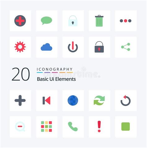 20 Basic Ui Elements Flat Color Icon Pack Like Search Rotate Start Reload Stock Vector