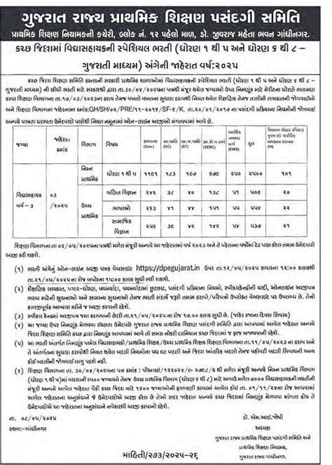કચ્છ જિલ્લામાં વિદ્યાસહાયકની સ્પેશિયલ ભરતી ધોરણ ૧ થી ૫ અને ધોરણ ૬ થી ૮ ગુજરાતી માધ્યમ અંગેની