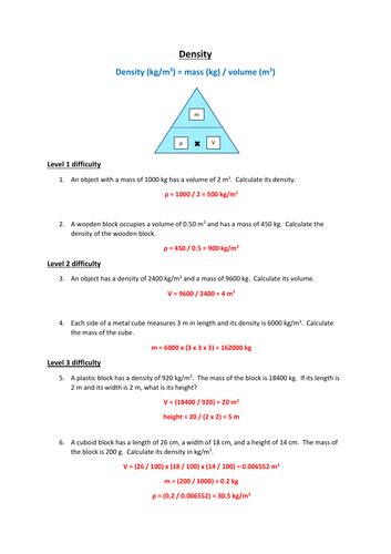 Gcse Physics Density ρ M V Questions And Answers Teaching Resources
